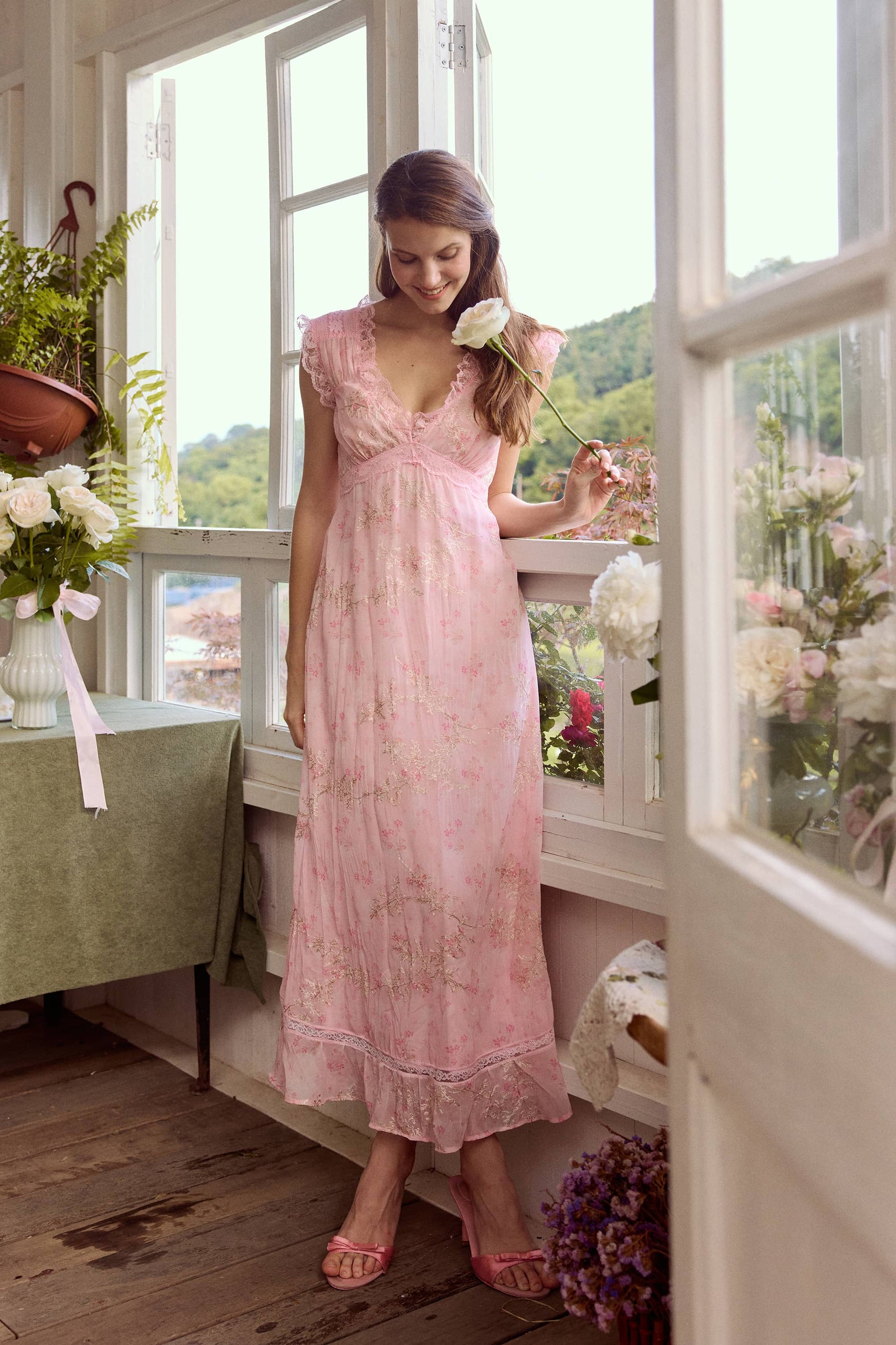 Clarissa Embroidered Chiffon Maxi Dress in Blush Pink